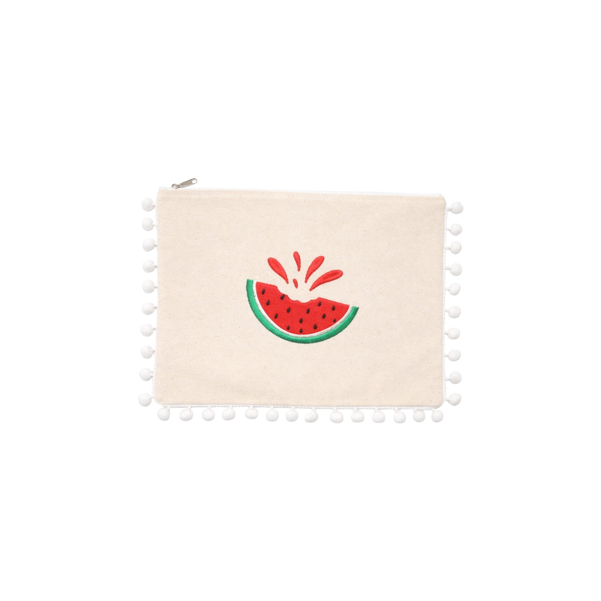 Mellow Embroidered Watermelon Canvas Pouch with White Pom Poms | Boom ...